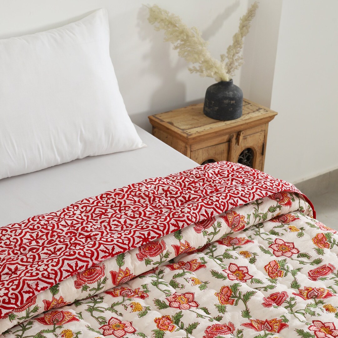 Red White Handmade Block Printed Jaipuri Quilt Single Queen King ...