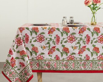 Sangria Red, Cerise Pink Floral Hand Block Printed Tablecloth, Table ...