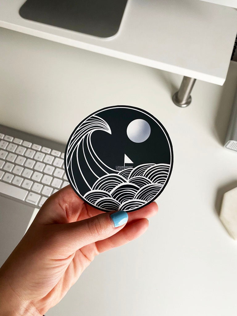 Black and White Waves Round Sticker, Waterproof Sticker, Handmade ...