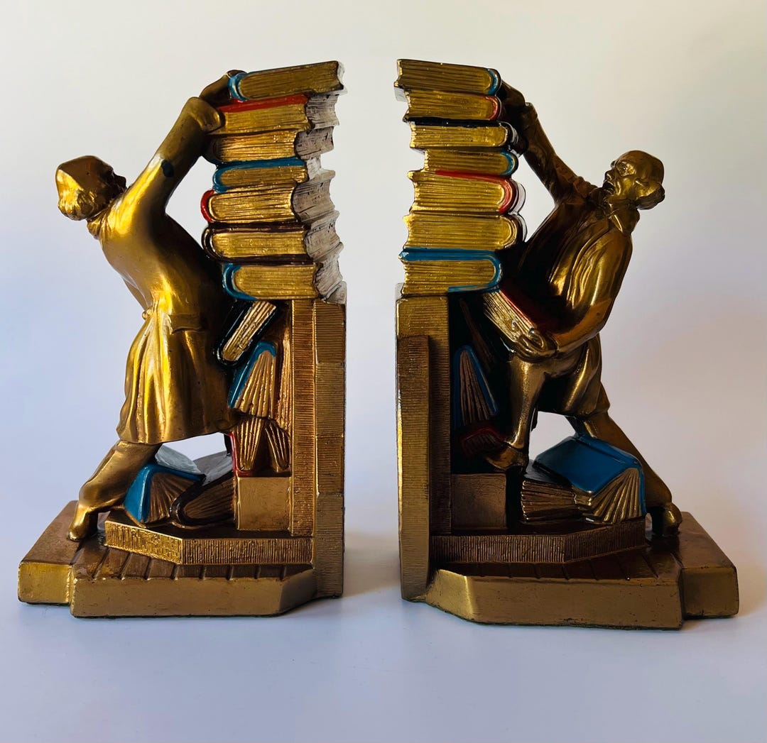 Pair of Sculpture Bookends, Polychrome Metal “ the Struggling Librarian ...