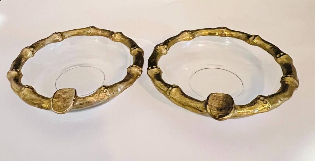 Vintage 1950s Glass Ashtrays With Bamboo-style Gilded Metal Frame - Set ...