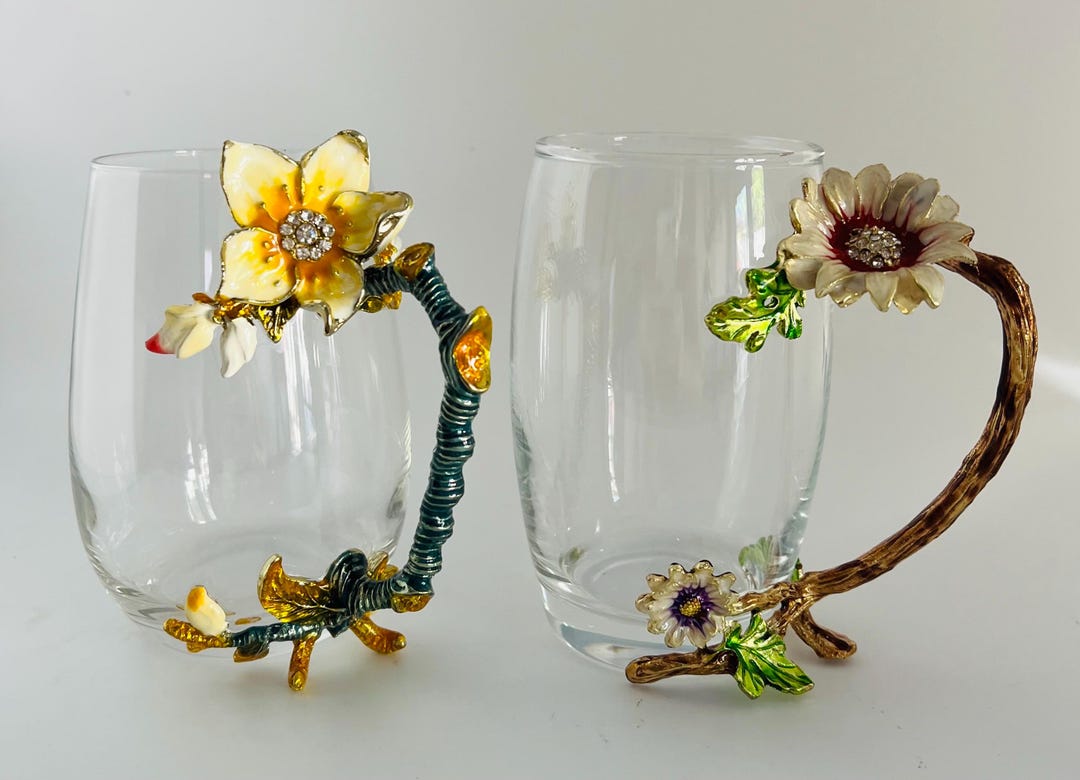 Set of 2 Handmade Glass Mugs Tea & Coffee Cups With Enameled Jeweled ...