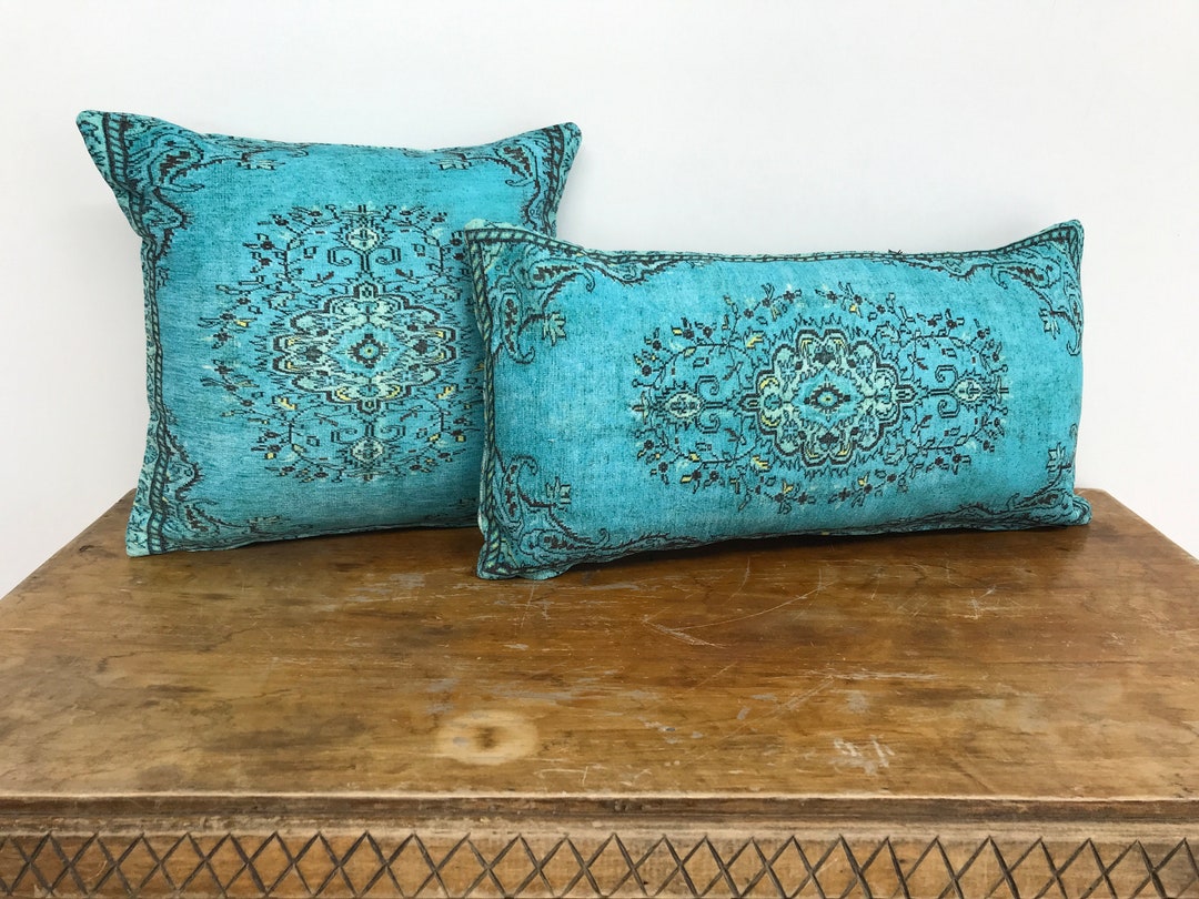 Turquoise Cushion, Pastel Pillow Cover, Velvet Pillow, Vintage Rug ...