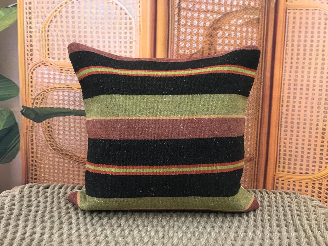 Striped Design Kilim Pillow, Natural Woven Cushion, Rustic Farmhouse ...