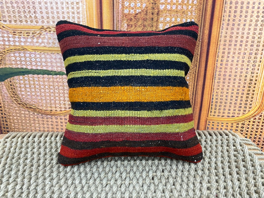 Eclectic Handwoven Kilim Cushion, 18x18 Vibrant Striped Accent Pillow ...