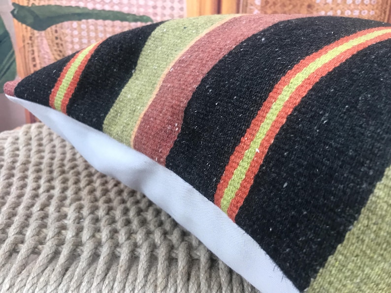 Striped Design Kilim Pillow, Natural Woven Cushion, Rustic Farmhouse ...