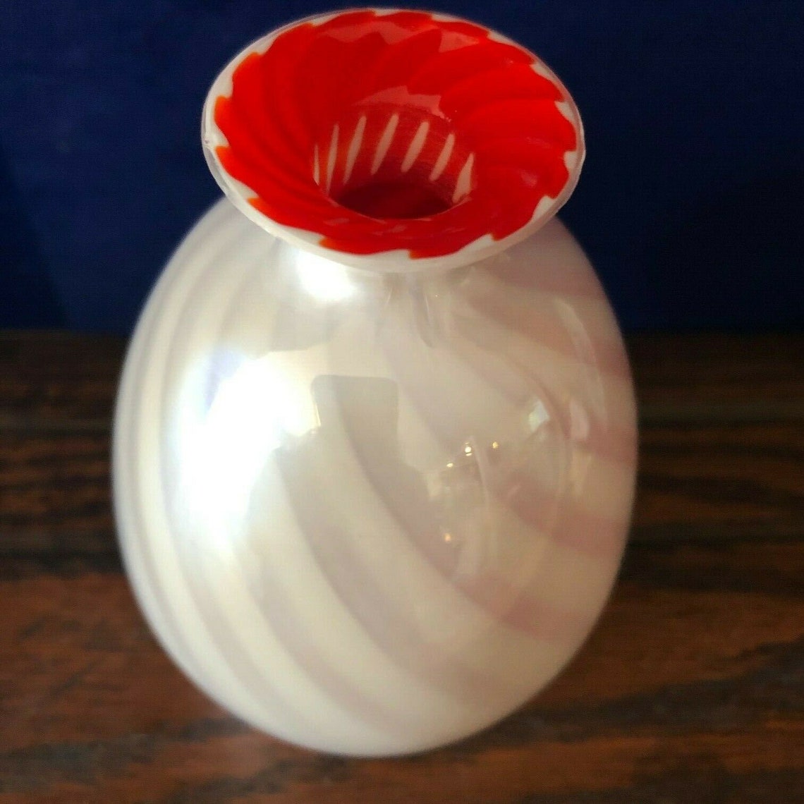 Vintage Hand Blown White Swirl With Red Interior Glass Vase 4 Inches ...