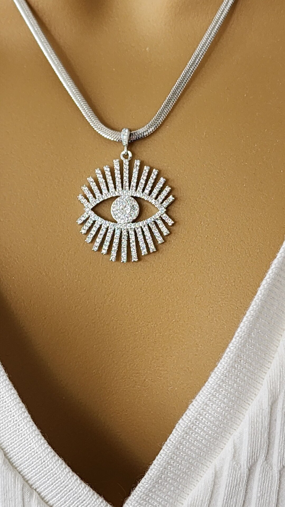 Handmade Rhinestone Evil Eye Pendant Necklace, Silver Plated Italian ...