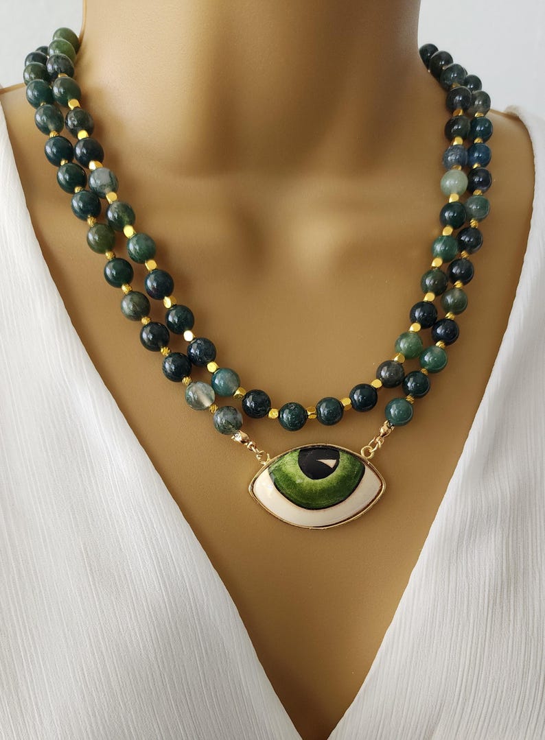 Handmade Ceramic Evil Eye Necklace: Green Jade Gemstone Pendant - Etsy