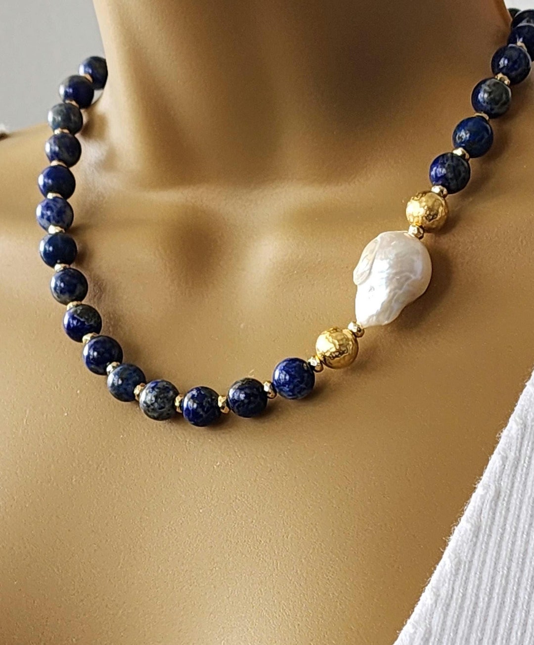 Lapis Lazuli Necklace With Baroque Pearl, 10 Mm Gemstone Choker, One-of ...