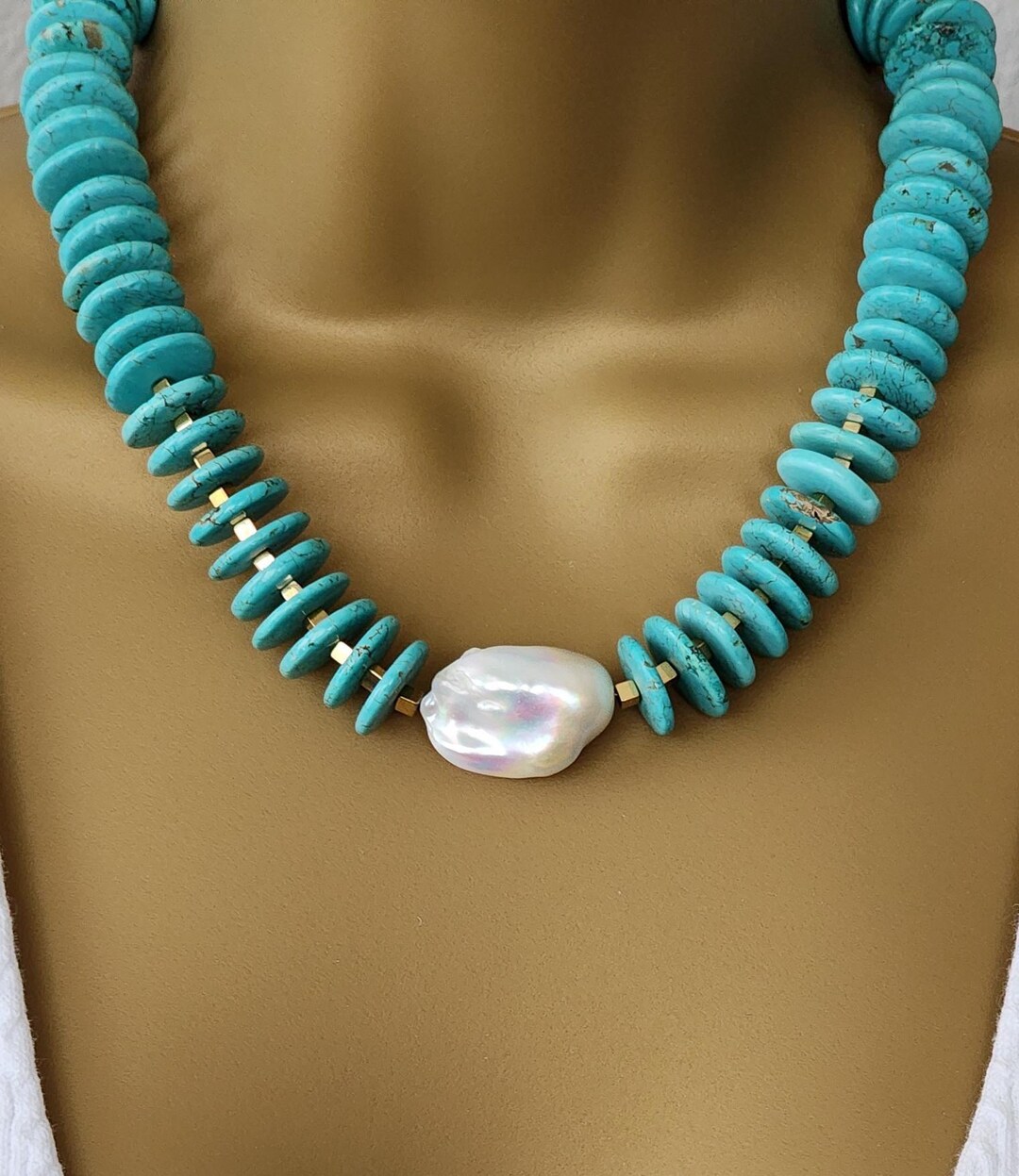 18 Mm Natural Turquoise Disc Bead Necklace With Baroque Pearl ,choker ...