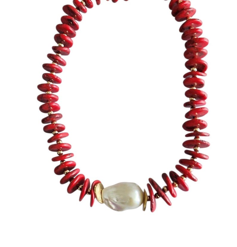 Graduated Red Disc Bead Necklace With Gold and Baroque Pearl, 16 Inch ...