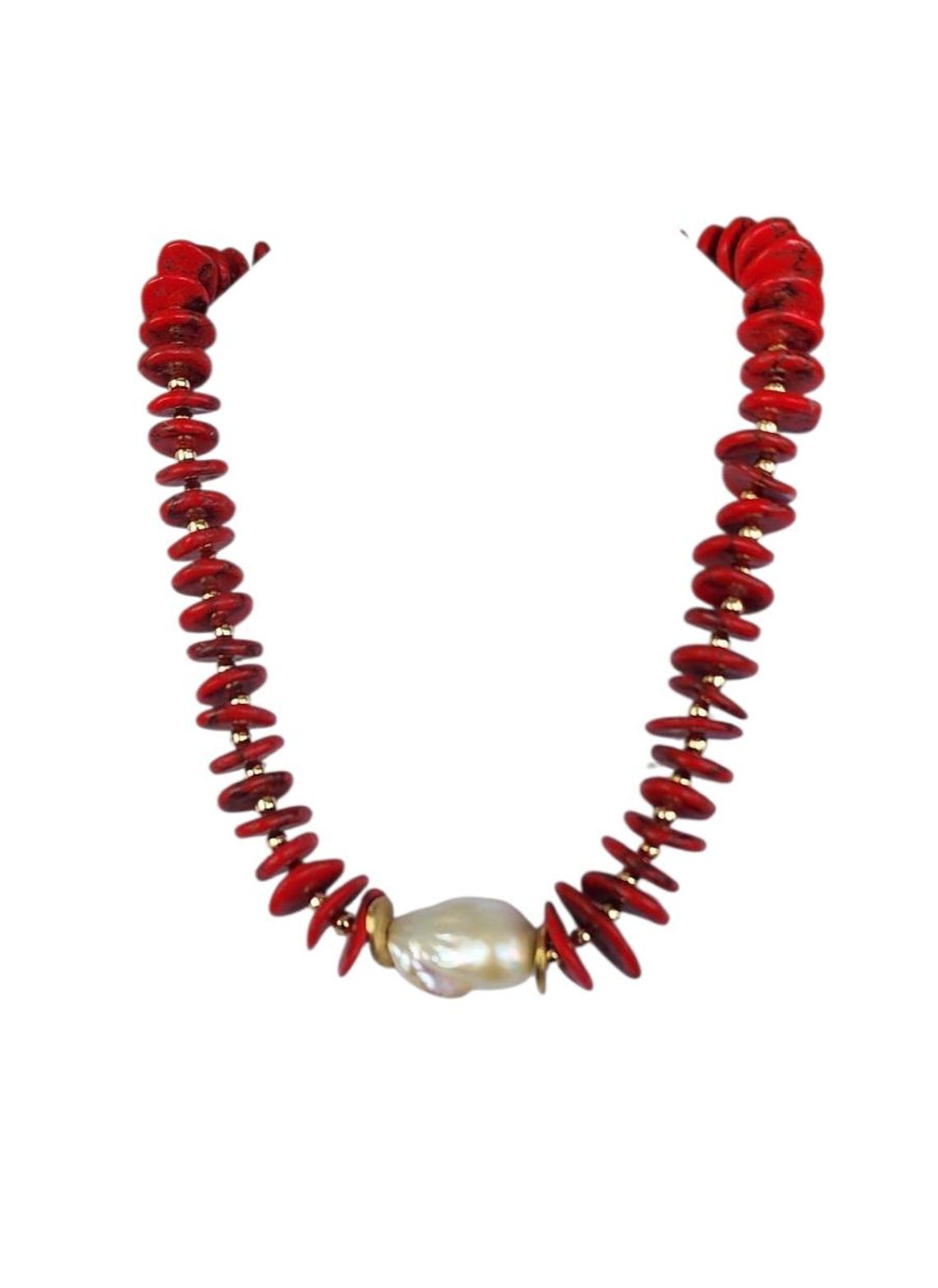 Graduated Red Disc Bead Necklace With Gold and Baroque Pearl, 16 Inch ...