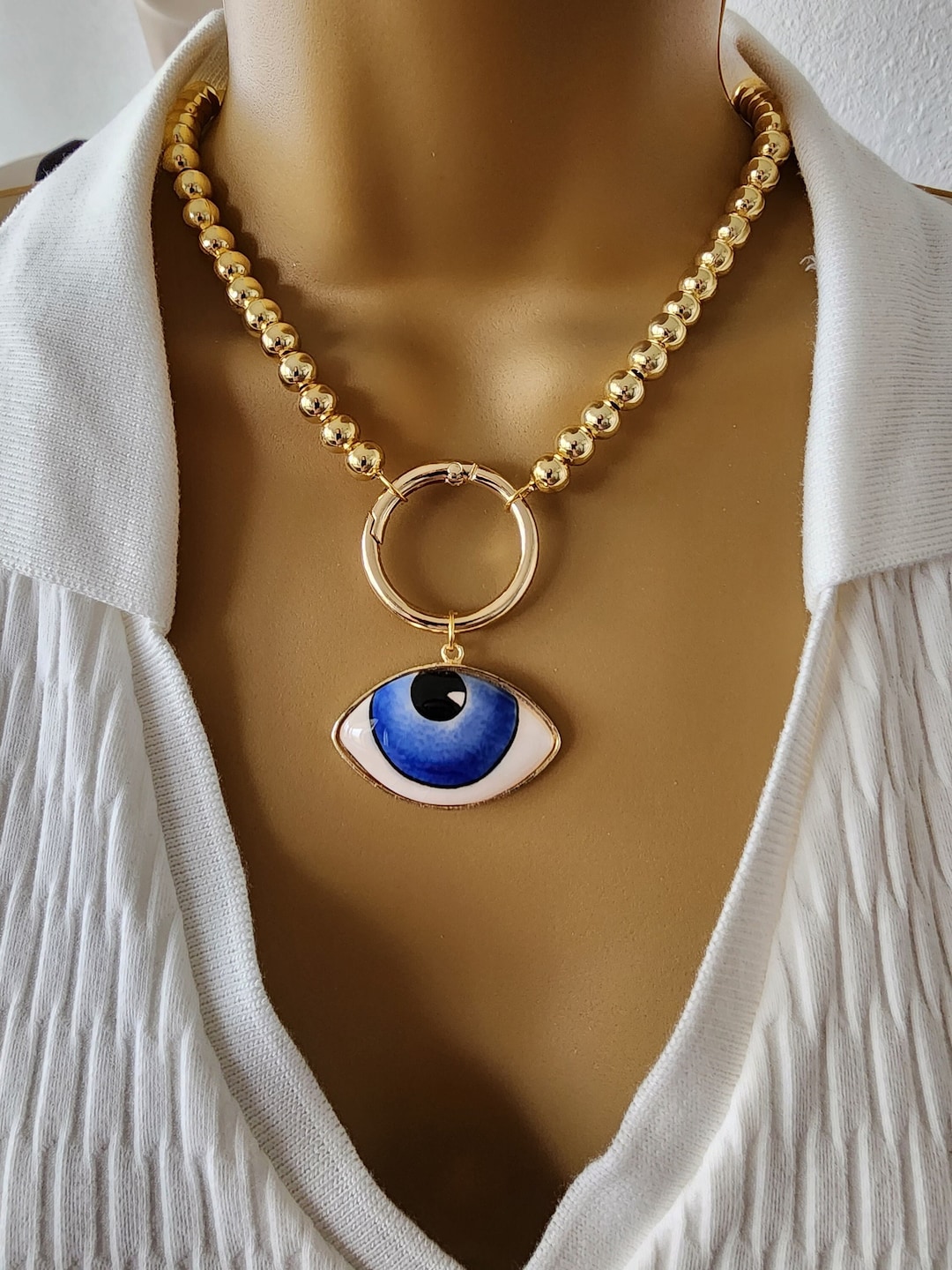 Gold Ball Beaded Necklace: 18K Plated Chain With Handmade Ceramic Evil ...