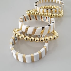 White and Gold Tile Bead Bracelet Stack - Etsy