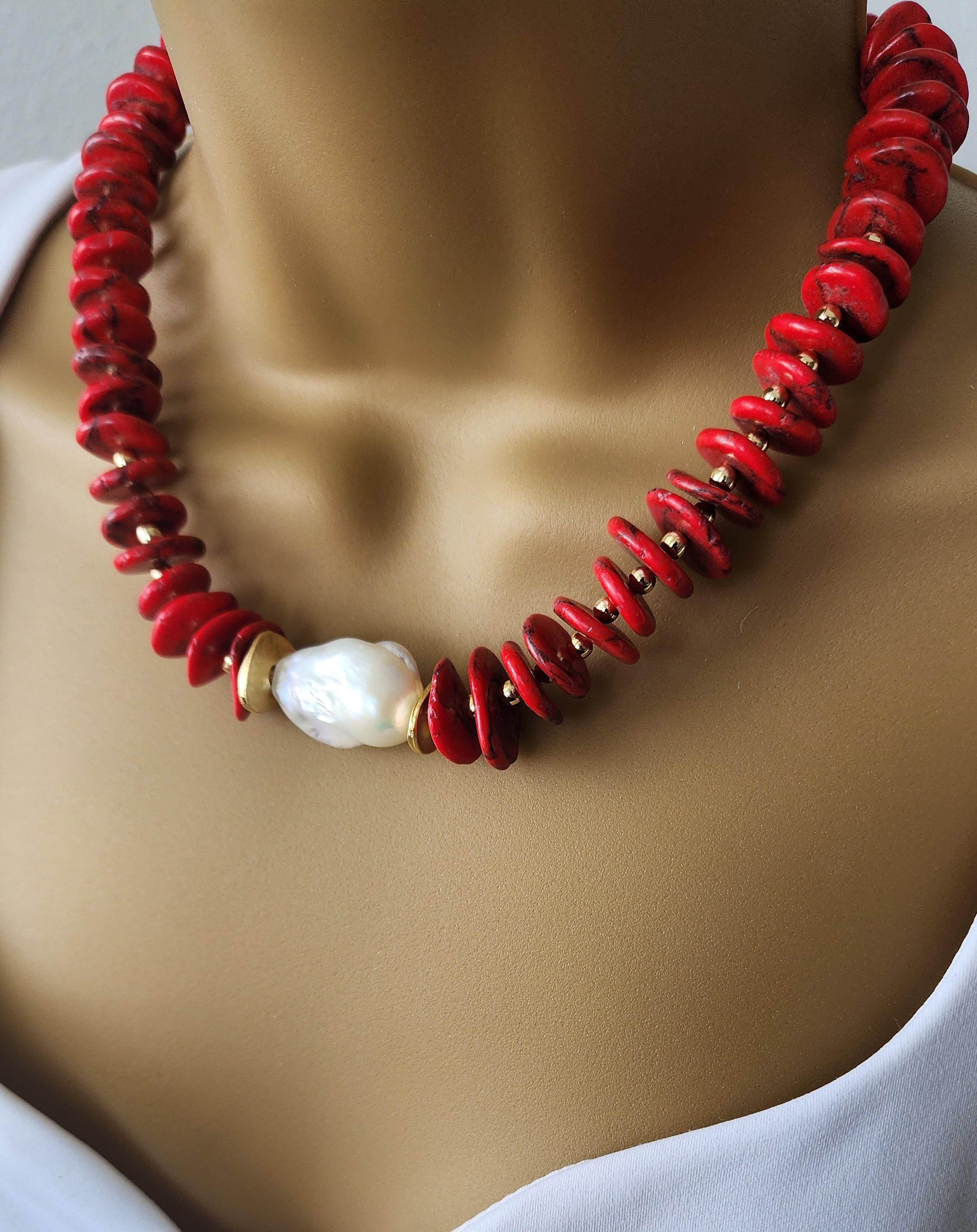 Graduated Red Disc Bead Necklace With Gold and Baroque Pearl, 16 Inch ...
