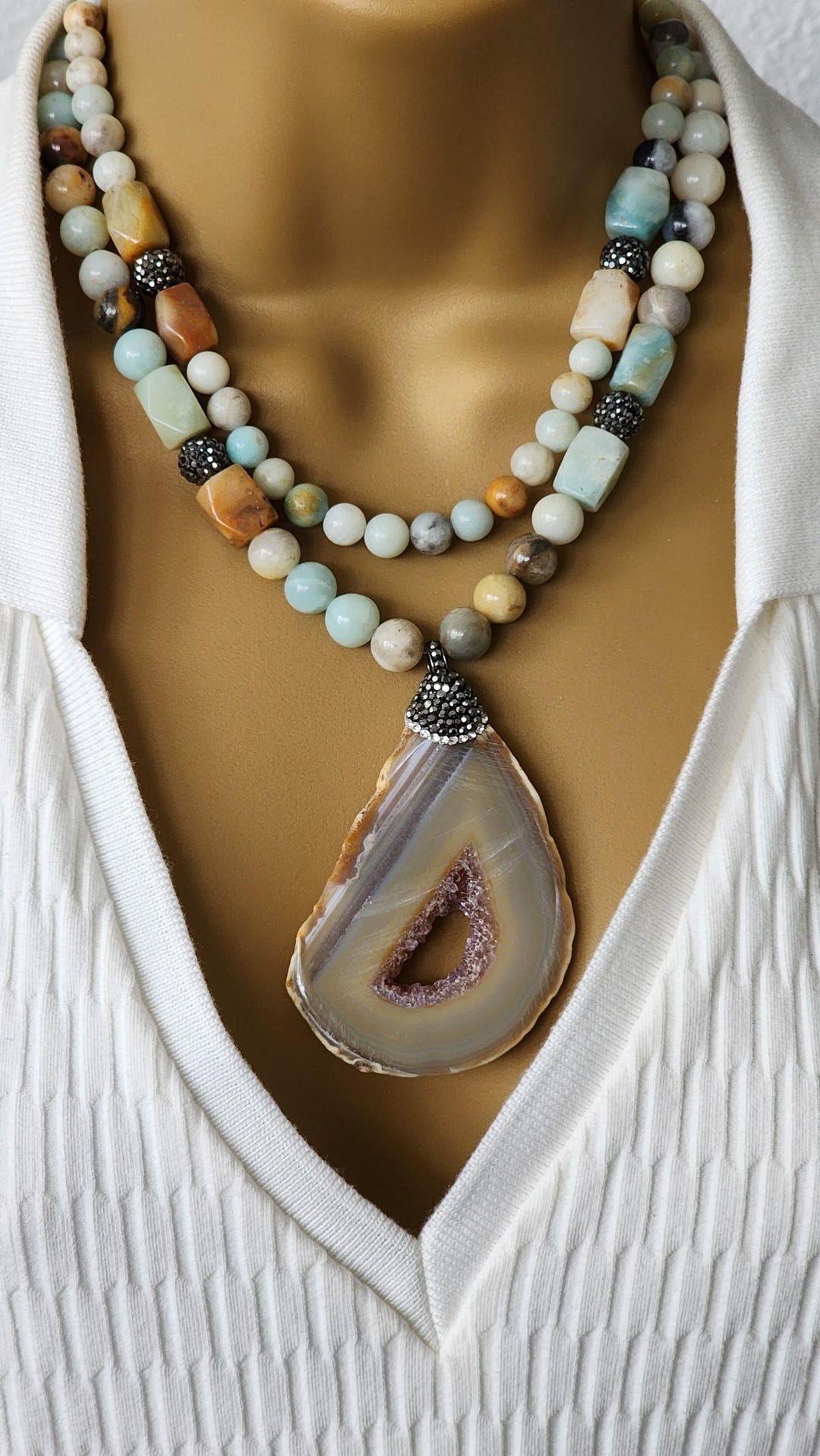 Gemstone Multi Layered Necklace, Amazonite Natural Stone Necklace With ...