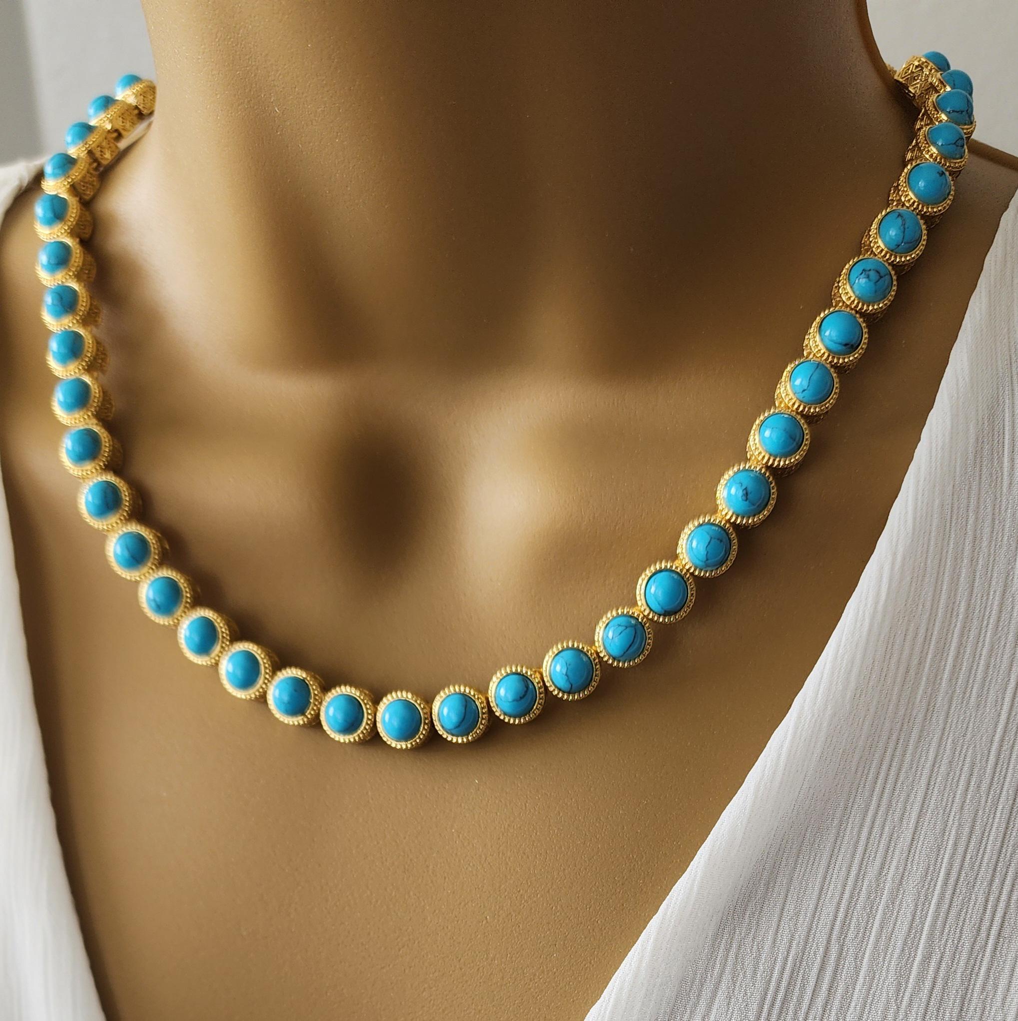 Turquoise Tennis Necklace, Vintage Gold Choker, Southwestern Boho ...