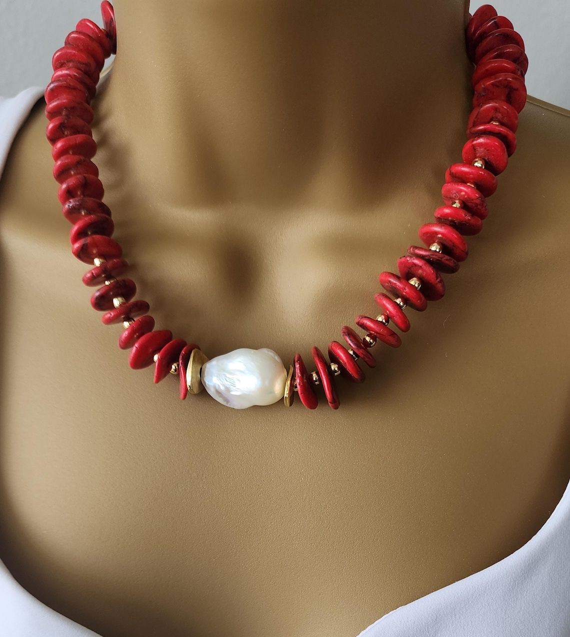 Graduated Red Disc Bead Necklace With Gold and Baroque Pearl, 16 Inch ...
