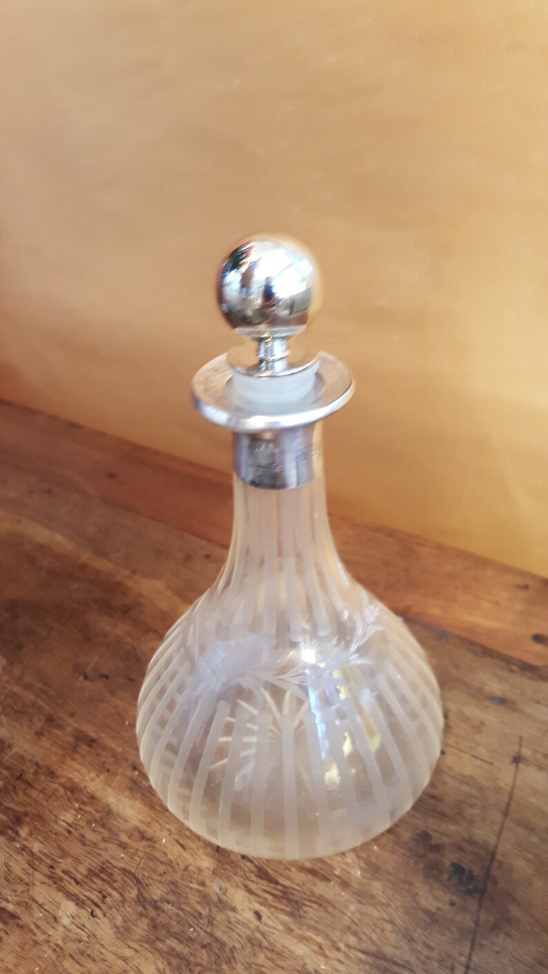 Vintage Etched Glass Small Decanter With Silver Plate Mount - Etsy