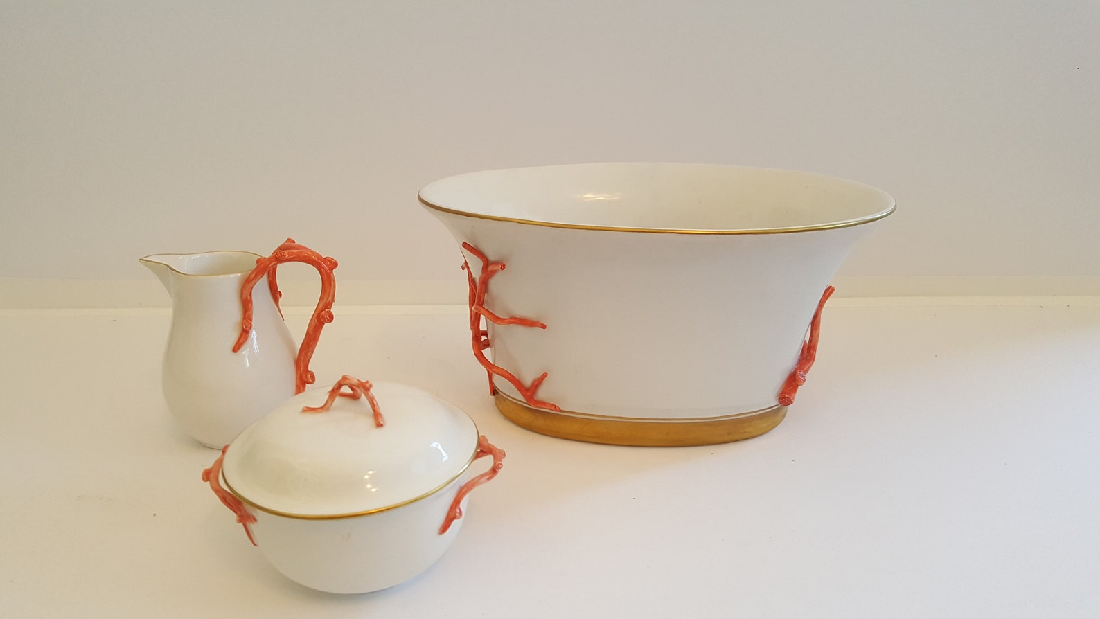 Bone China Cache Pot Decorated With Red Coral Handles- Possible French ...