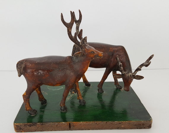 Vintage Papier Mache Stag Figures Mounted on Wood Platform - Etsy