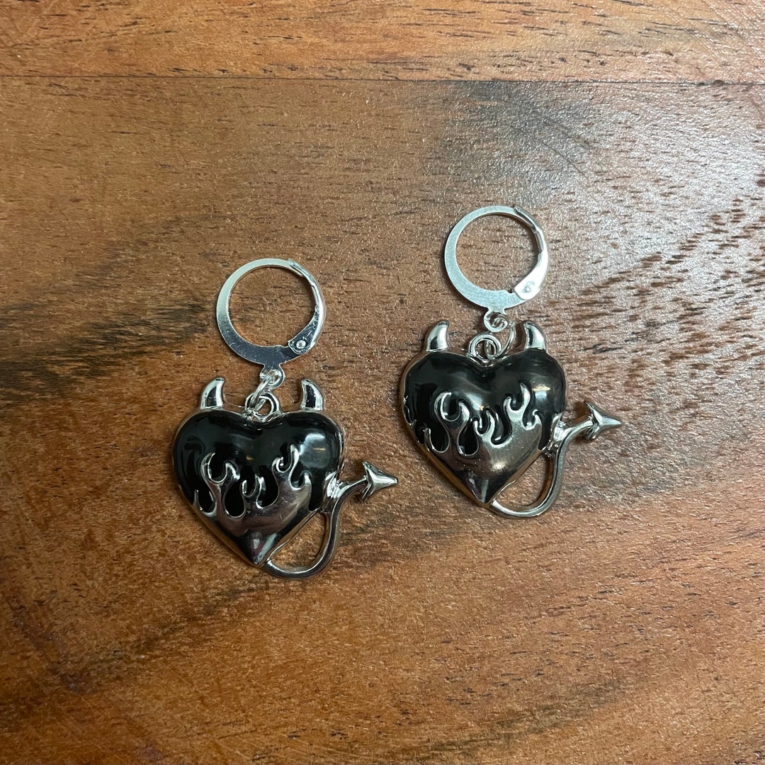 Black Devil Heart Charm Earrings | in Ear and Clip Ons Available | Fire ...
