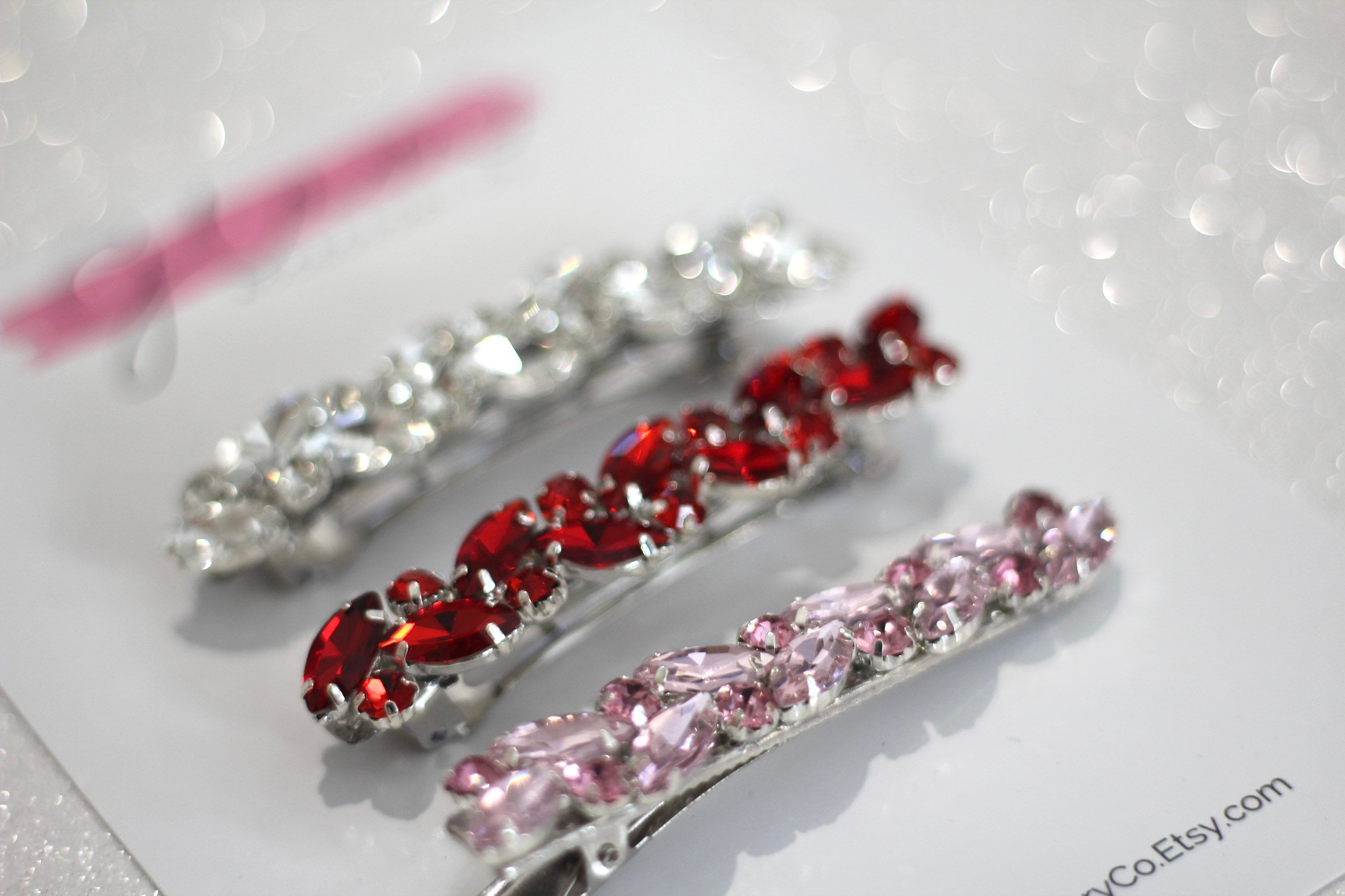 Silver Red Pink Large Diamond Crystal Rhinestone Rock Sparkly Barette ...