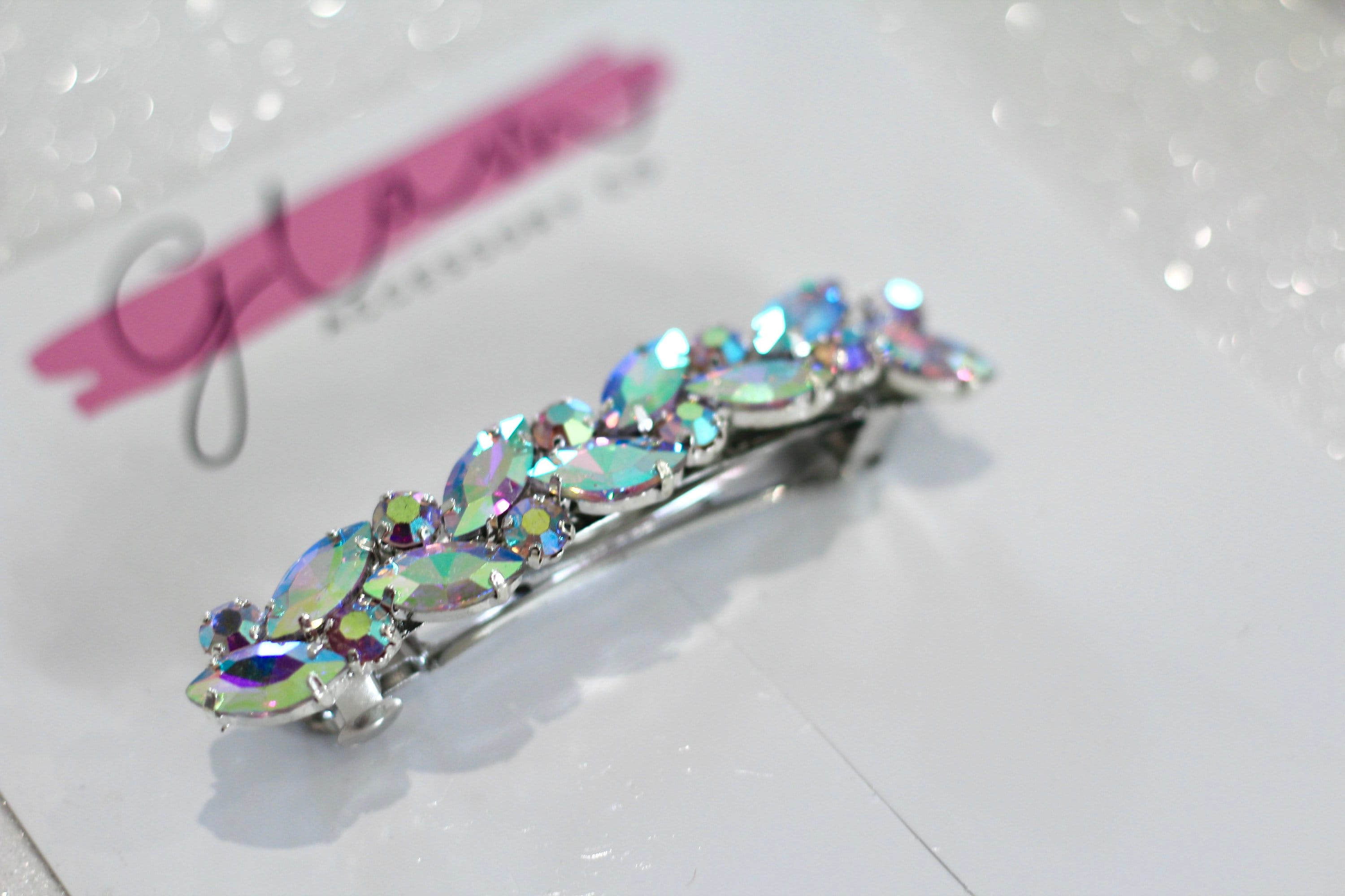 Silver Red Pink Large Diamond Crystal Rhinestone Rock Sparkly Barette ...