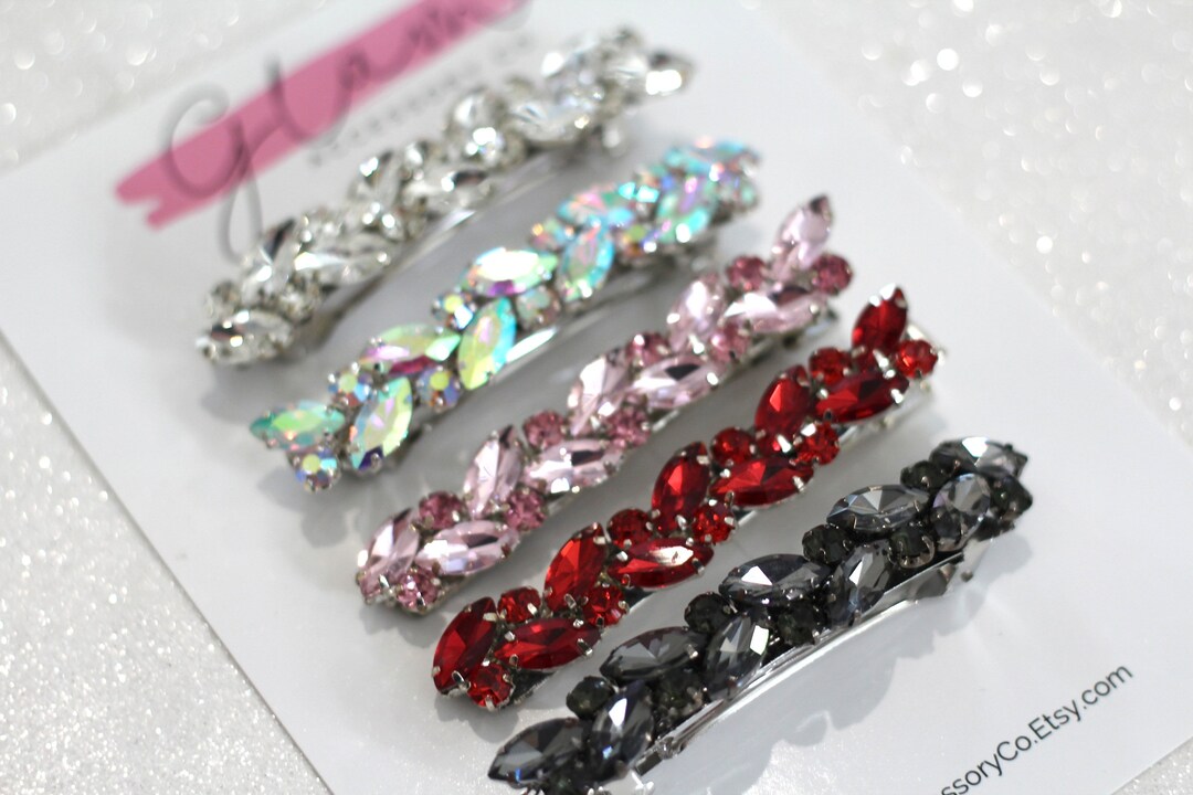 Silver Red Pink Large Diamond Crystal Rhinestone Rock Sparkly Barette ...