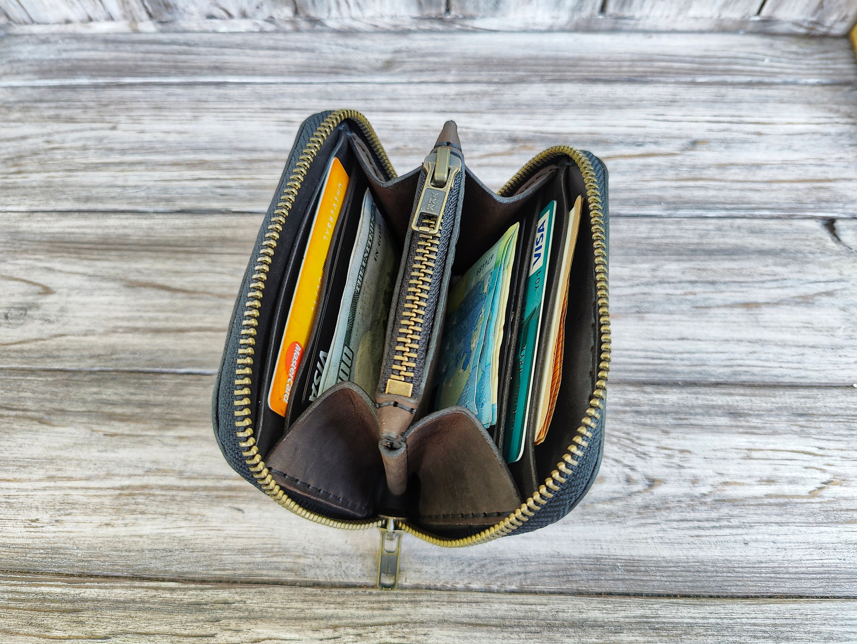 Personalized Zipper Bifold Wallet, Leather Zipper Minimalist Wallet ...