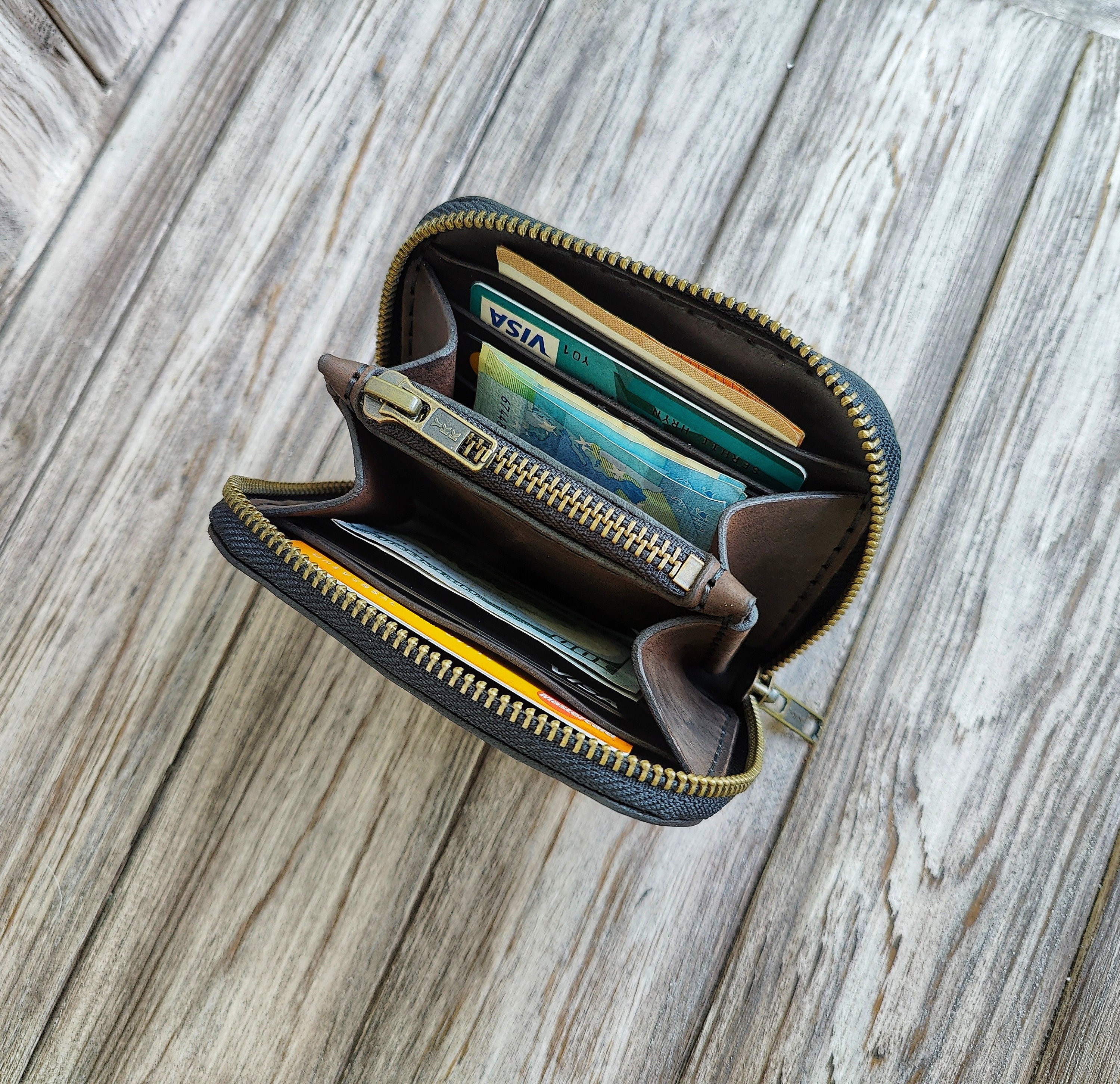 Personalized Zipper Bifold Wallet, Leather Zipper Minimalist Wallet ...