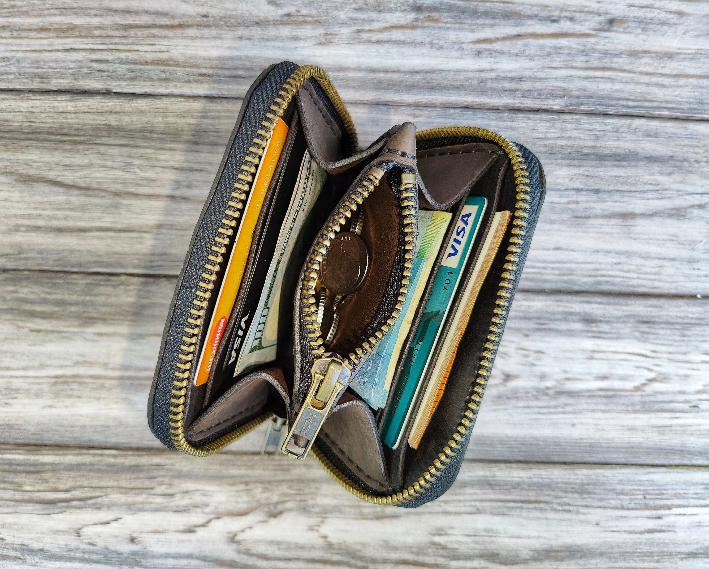 Personalized Zipper Bifold Wallet, Leather Zipper Minimalist Wallet ...