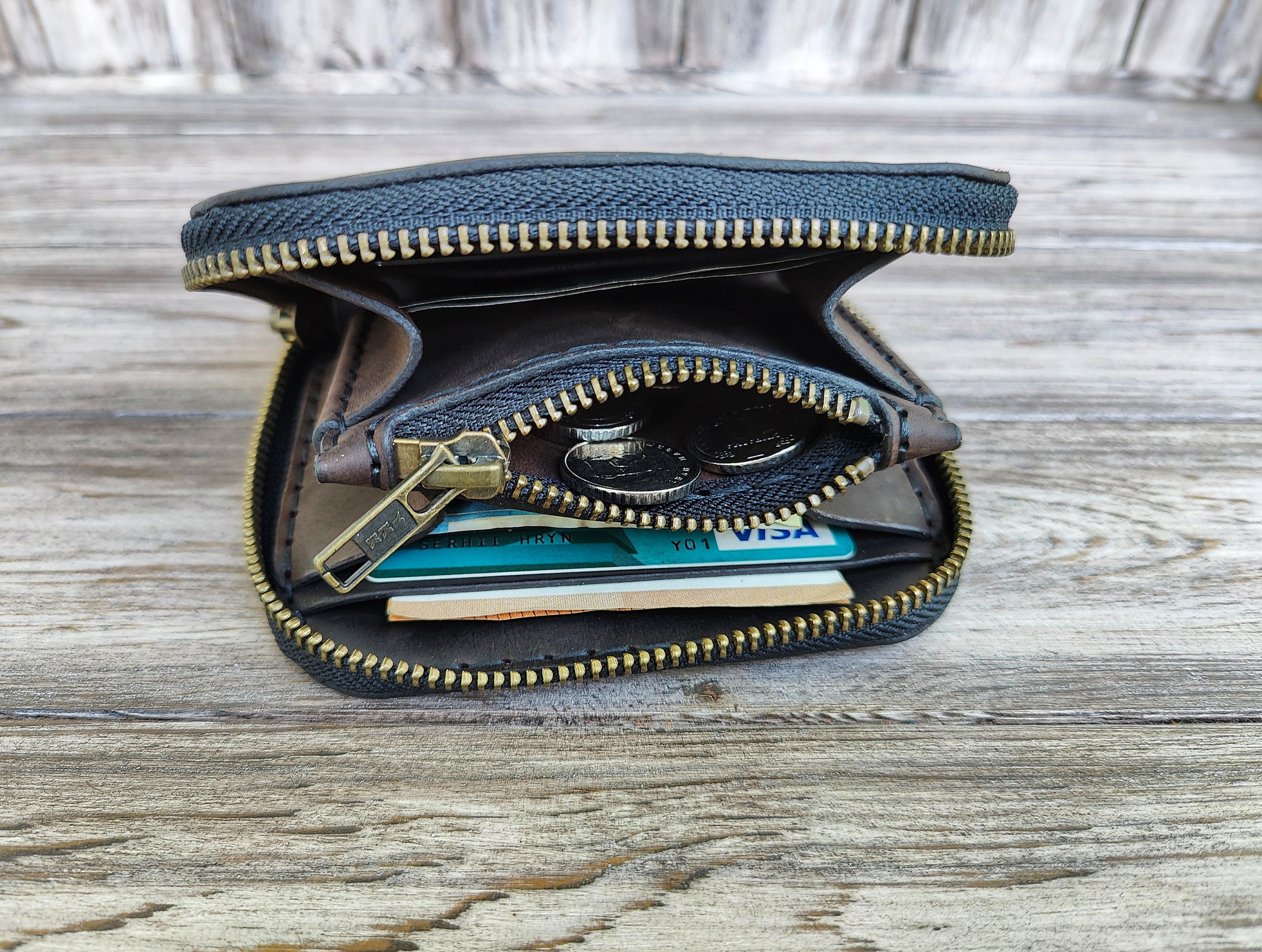 Personalized Zipper Bifold Wallet, Leather Zipper Minimalist Wallet ...