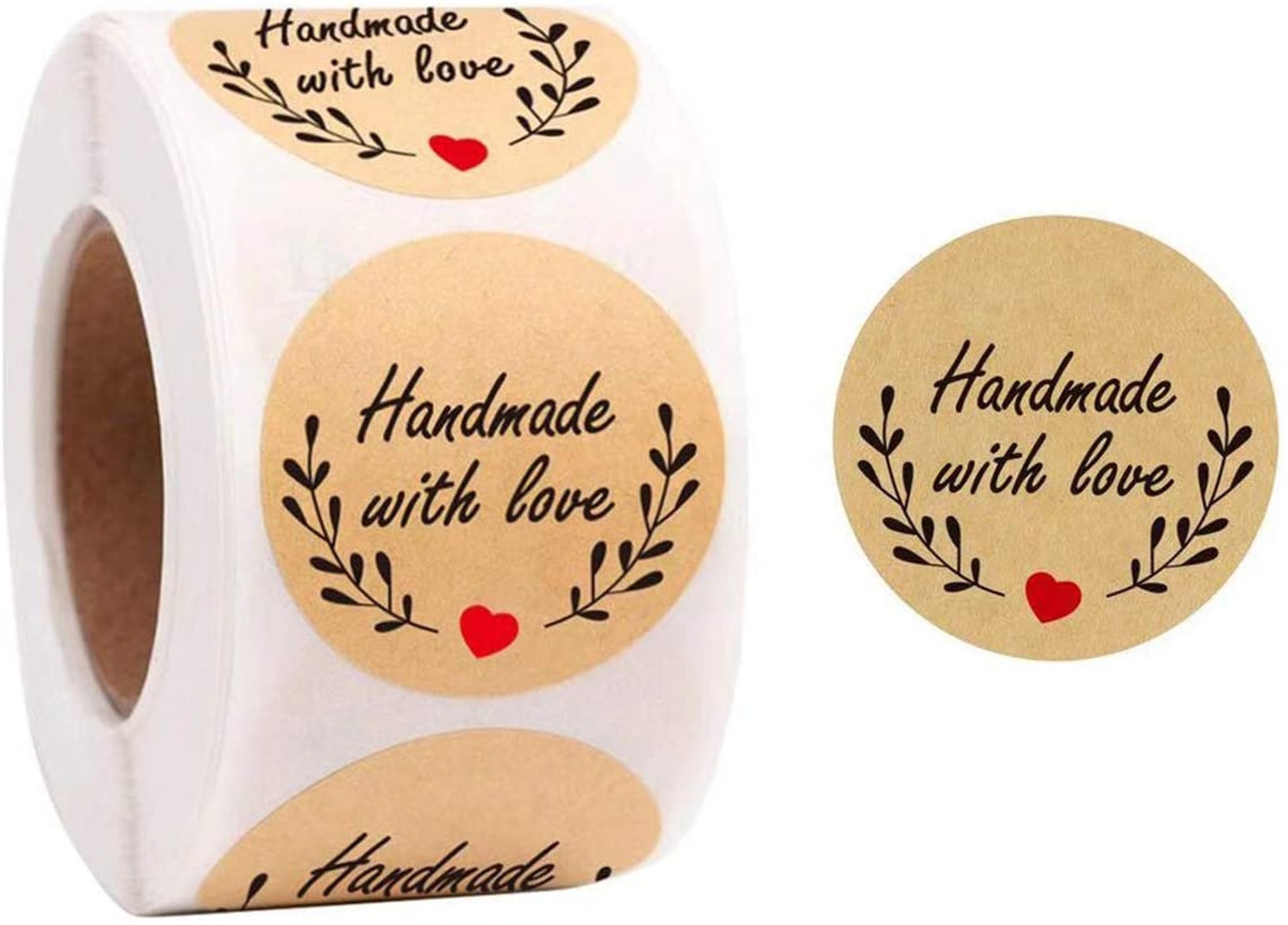 Handmade With Love Sticker Brown With Leaf Design Heart Small - Etsy UK