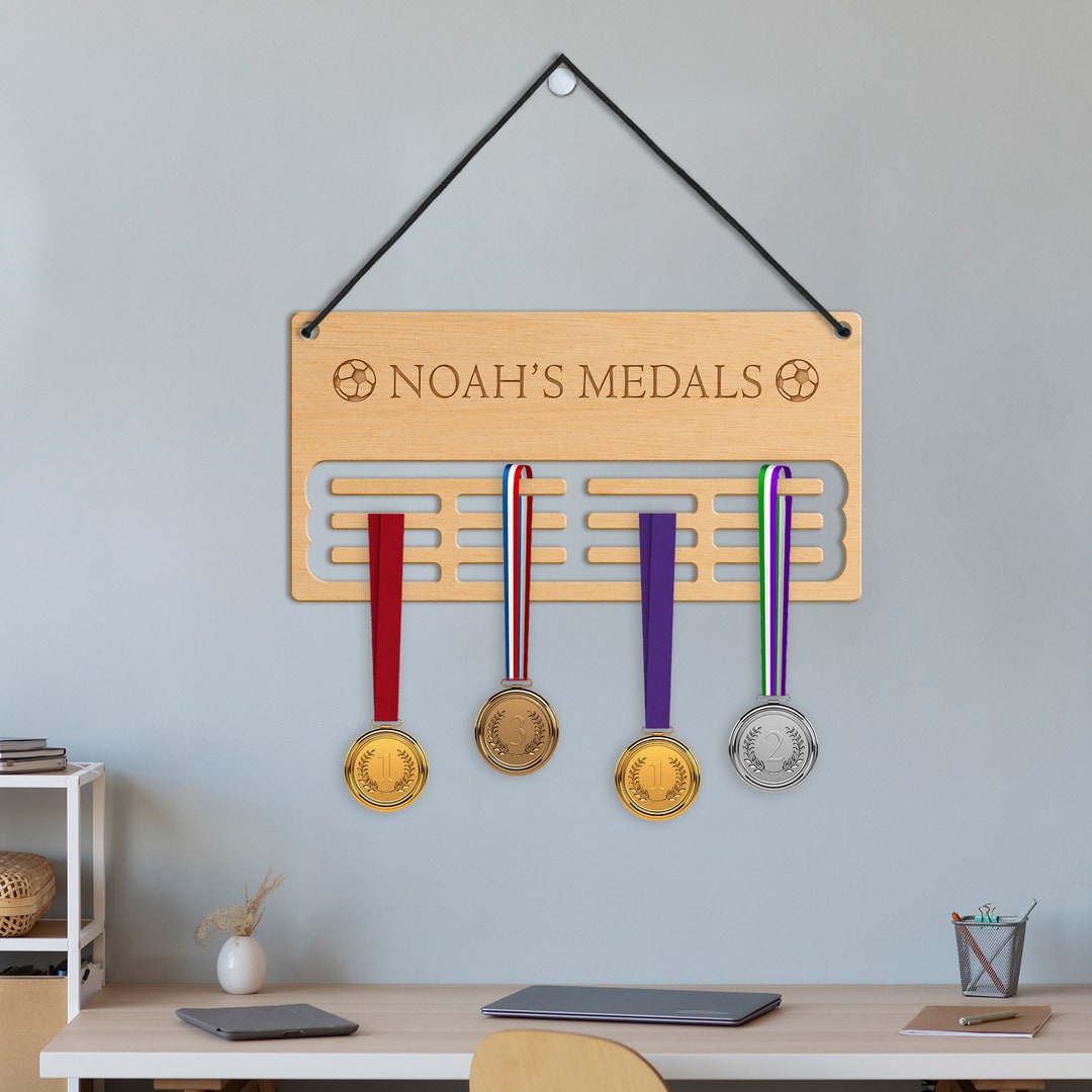 Personalised Wooden Football Medal Hanger Engraved Medal Holder Wall ...