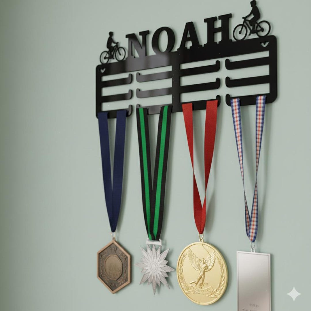 Cycling Medal Display - Personalized Acrylic Medal Holder - Custom Name Hanger - Bike Race Medal ...