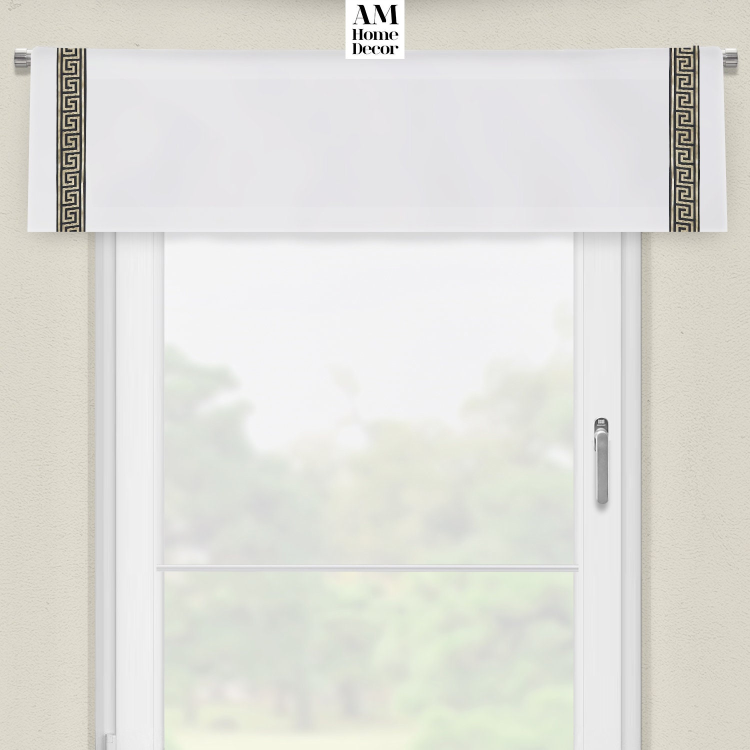 Greek Key Curtain / Solid White Valance With Black and Golden Greek Key ...