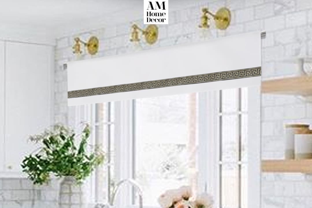 Greek Key Curtain / Solid White Valance With Horizontal Black and ...