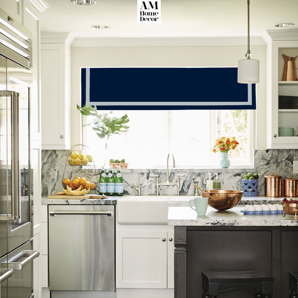 Solid Navy Blue Valance With Grey Grosgrain Ribbon Trim/cotton Window ...