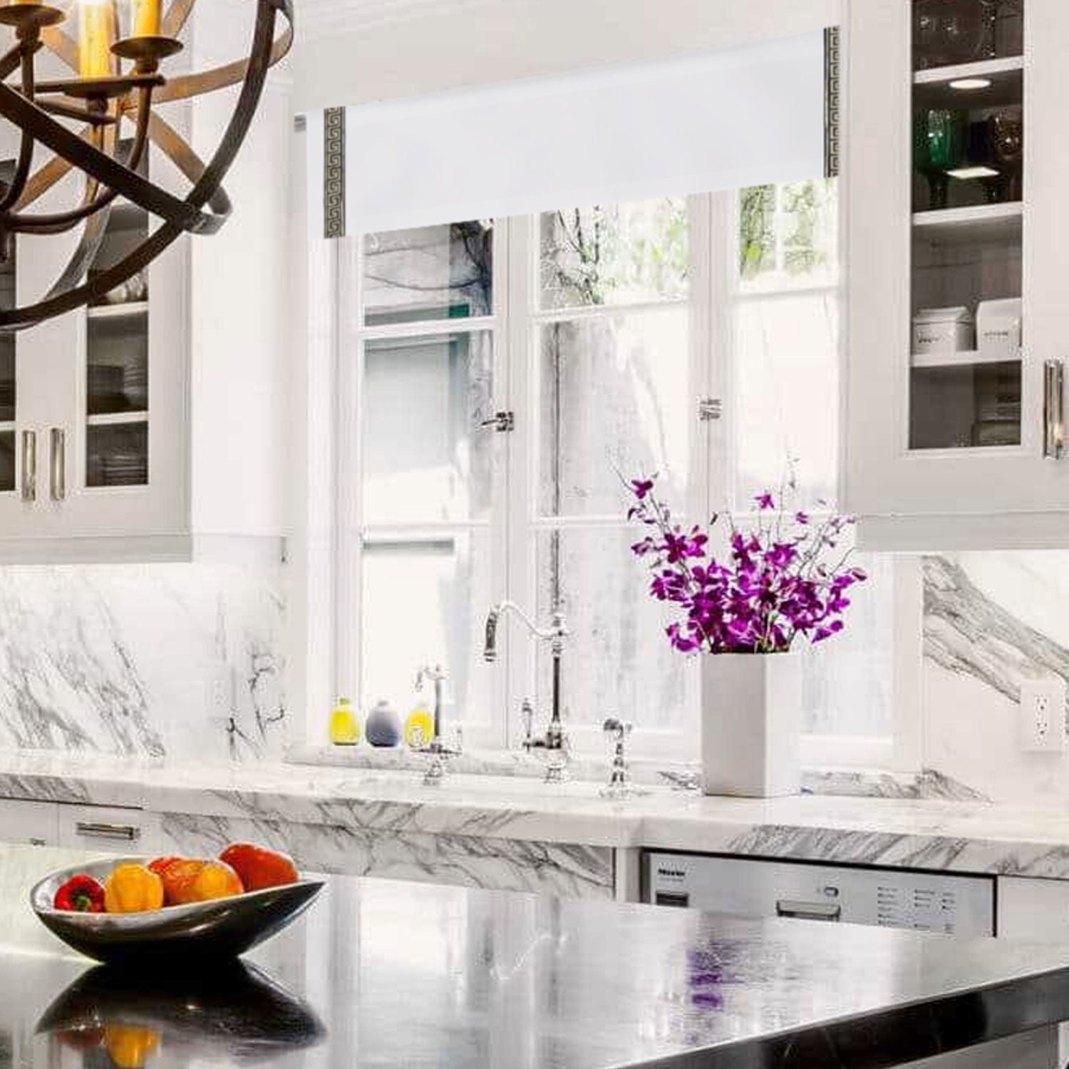 Greek Key Curtain / Solid White Valance With Black and Golden Greek Key ...