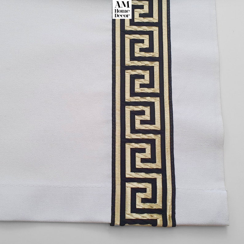 Greek Key Curtain / Solid White Valance With Black and Golden Greek Key ...