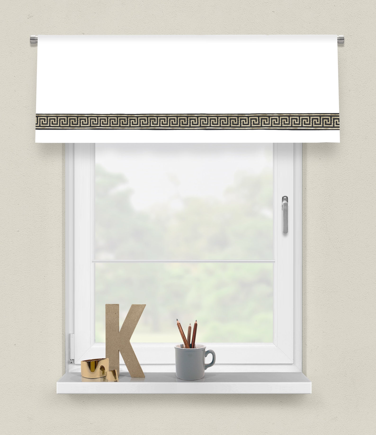 Greek Key Curtain / Solid White Valance With Horizontal Black and ...