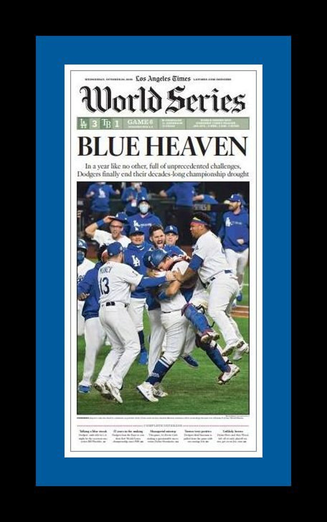 Los Angeles Dodgers Newspaper 2020 World Series L.A. Times blue Heaven ...
