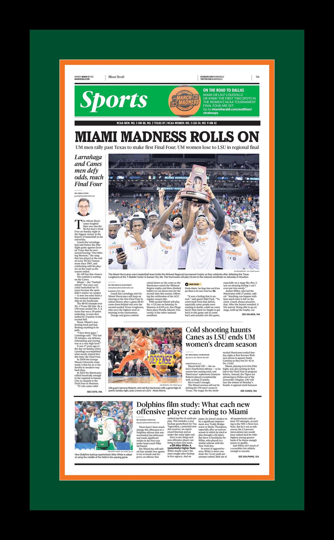 Miami Hurricanes Framed Newspaper - 2023 Final Four - the Miami Herald ...