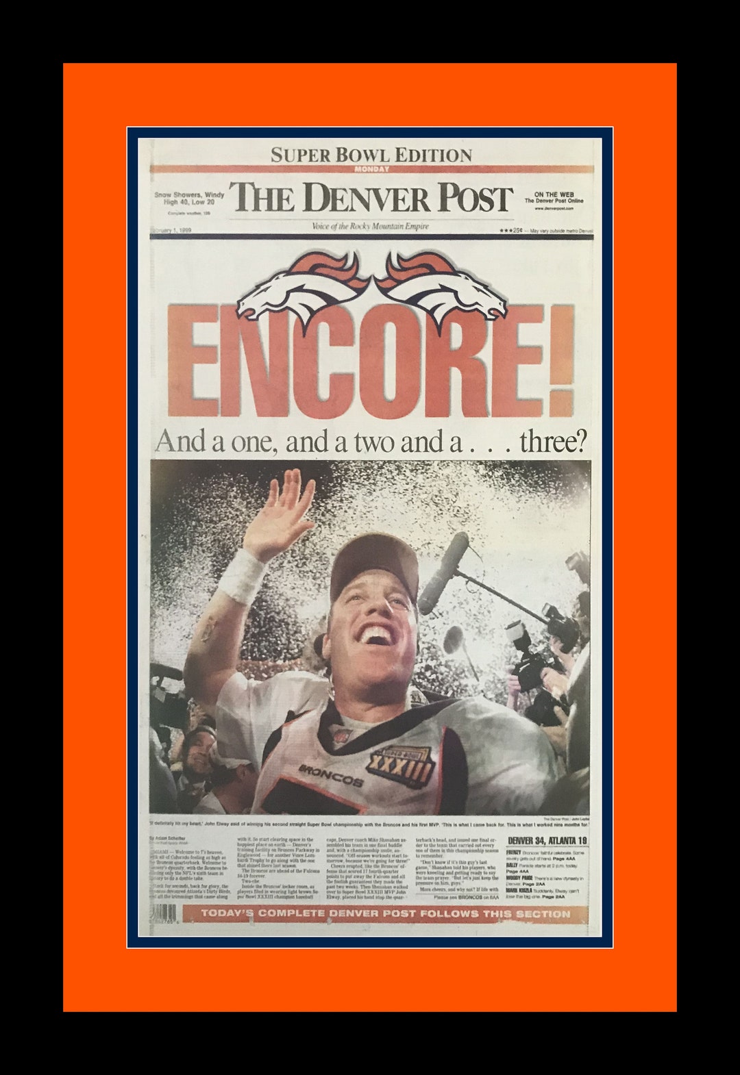 Denver Broncos - 1999 NFL Super Bowl Champions - Denver Post Newspaper ...