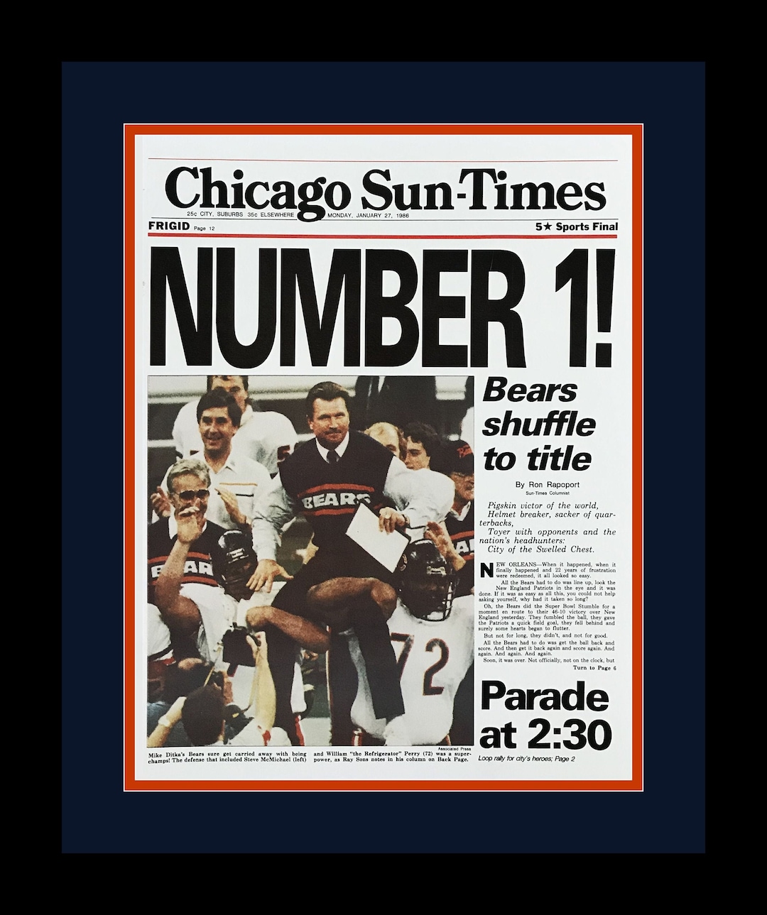 Chicago Bears 1986 Super Bowl Chicago Sun Times NUMBER 1 Premium ...