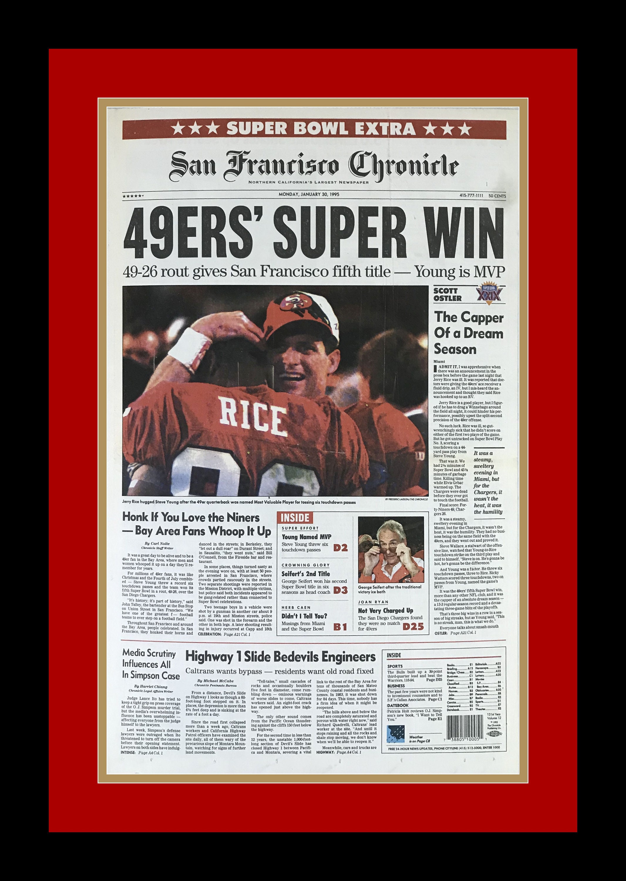 San Francisco 49ers 1995 Super Bowl S.F. Chronicle Newspaper 49ers SUPER WIN Double Matted Framed in Authentic Team Colors Etsy