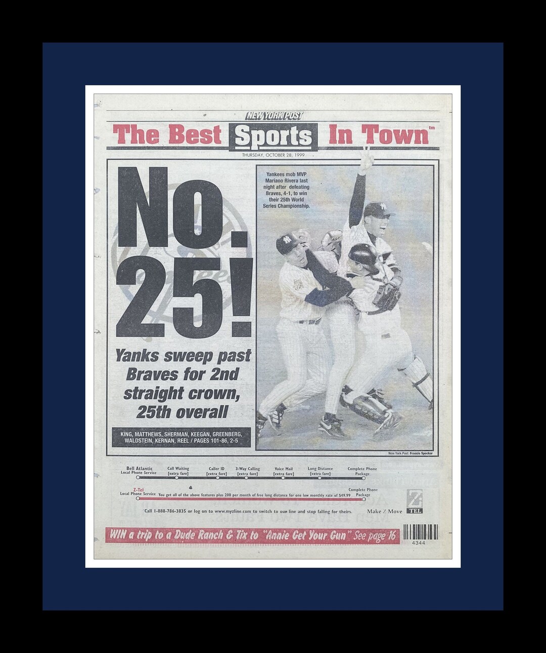New York Yankees - 1999 World Series Champions- New York Post Newspaper ...