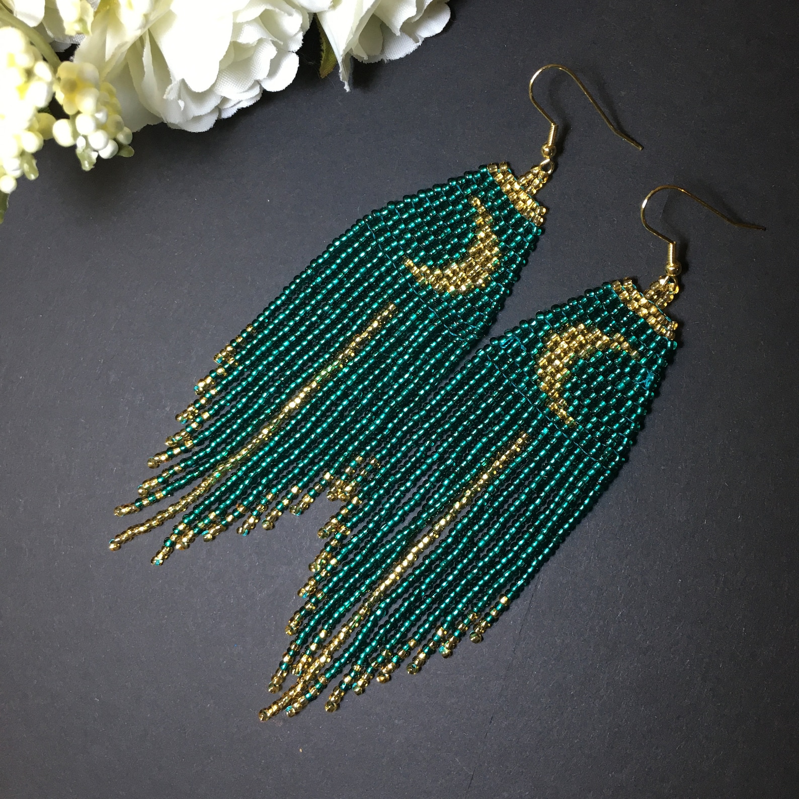 Beaded Moon Earrings Bead Earrings Turquoise Green Long - Etsy